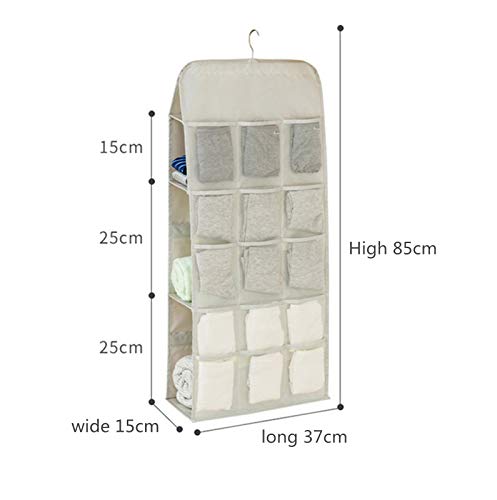 LCXEGO Dual Side Closet Hanging Organizer,3 Shelf Hanging Closet Organizer with Rotating Hanger and Mesh Pocket Bra Underwear Socks Towel Handbag Storage Oxford Bags (3+5+15Pockets,Light Grey)