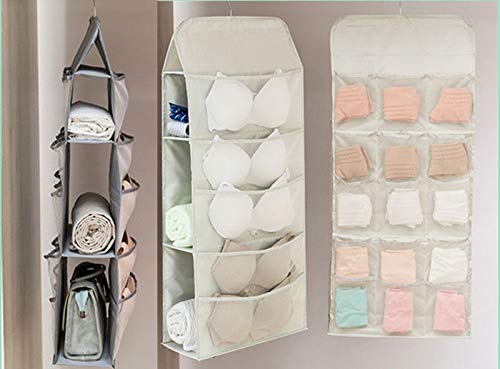 LCXEGO Dual Side Closet Hanging Organizer,3 Shelf Hanging Closet Organizer with Rotating Hanger and Mesh Pocket Bra Underwear Socks Towel Handbag Storage Oxford Bags (3+5+15Pockets,Light Grey)