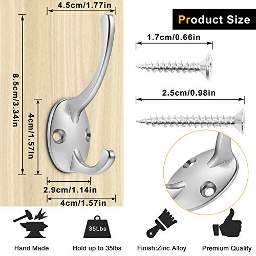 CORANSO 10Pack Silver zinc die cast Coat Hooks with 48 Screws Wall Mounted Double Rustic Metal Two Prongs Hanger Heavy Duty Bathroom Closet Robe Hook for Towel,Key,Hat