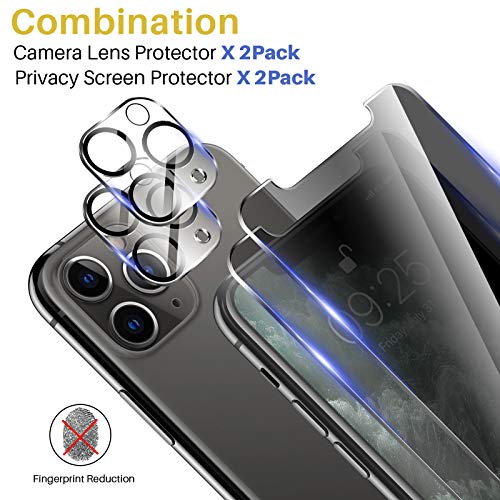 LK 2 Pack for iPhone 11 Pro Max Screen Protector + 2 Pack Camera Lens Protector, [Anti-Spy] Bubble Free, HD-Clear Privacy Tempered Glass for iPhone 11 Pro Max, 9H Hardness, Case Friendly