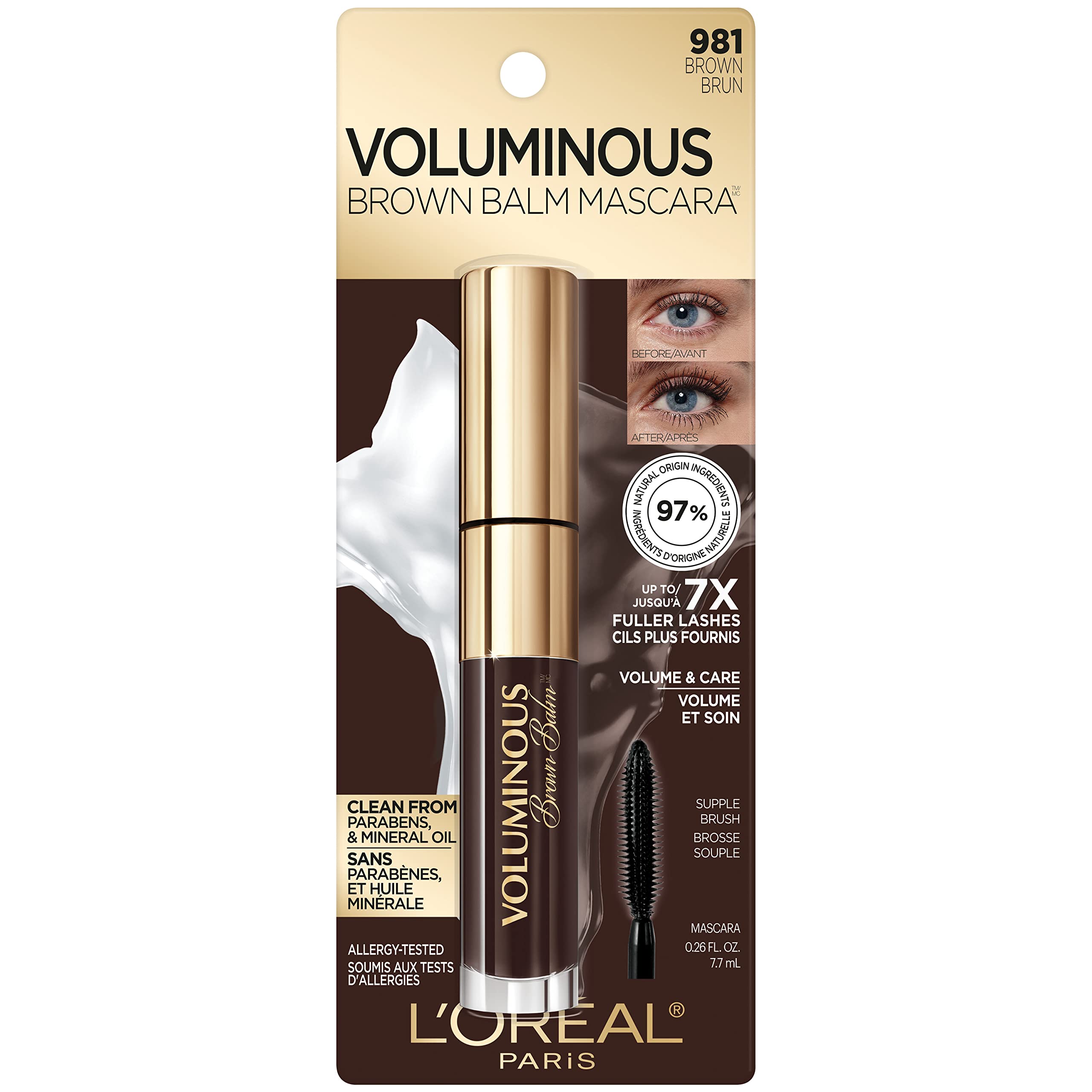 L’Oréal Paris Voluminous Brown Balm Volumizing Mascara, Washable, Brown, 0.26 Fl Oz., 1 Count