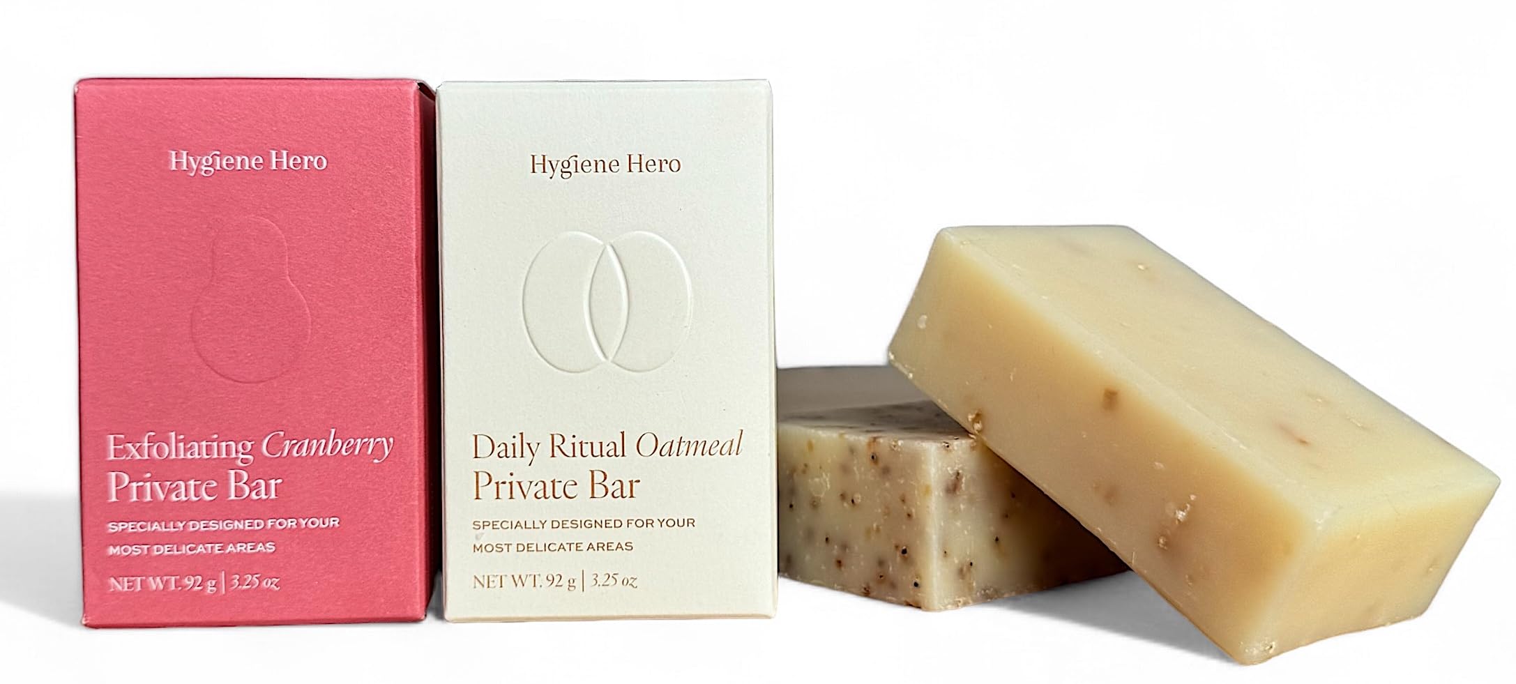 Hygiene Hero Exfoliating Cranberry & Daily Ritual Oatmeal Private Bar Soap 3.25 oz / 92 g - Face & Body Wash for Dark Spots, Intimate Areas, Underarms - Set of 2