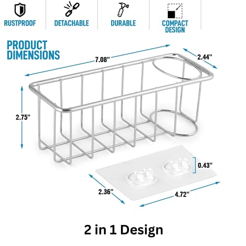 Adhesive Kitchen Sink Caddy, Sponge Holder Sink Organizer With Suction Tape Stainless Steel Rustproof Sponge Holder For Kitchen Sink Dish Scrub Holder Organizer Sponge Caddy Holder – Silver