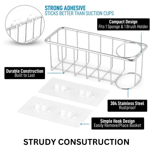 Adhesive Kitchen Sink Caddy, Sponge Holder Sink Organizer With Suction Tape Stainless Steel Rustproof Sponge Holder For Kitchen Sink Dish Scrub Holder Organizer Sponge Caddy Holder – Silver