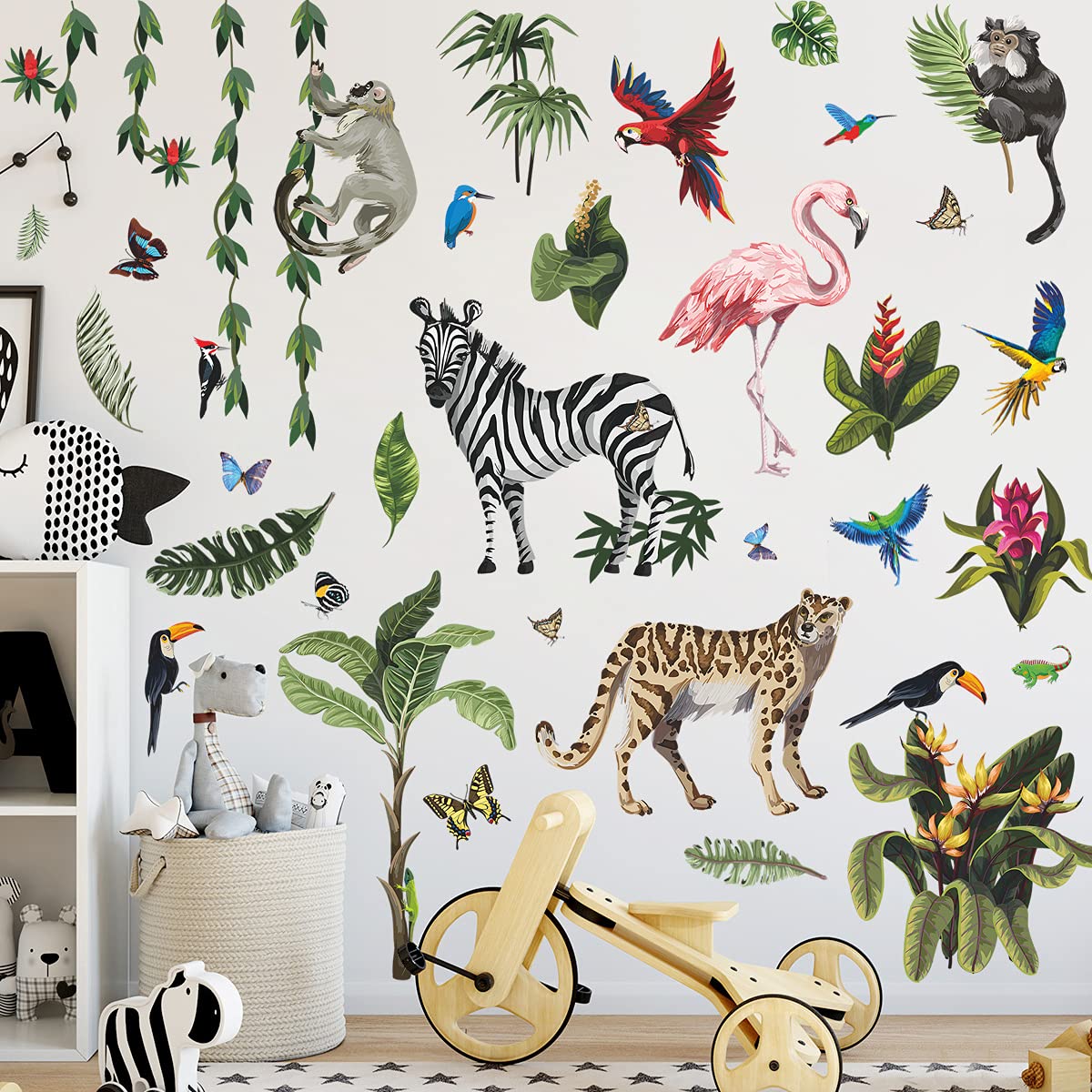 RW-4963 Creative Jungle Animals Wall Decals Wild Safari Animals Wall Stickers DIY Removable Green Tree Monkey Leopard Zebra Birds Butterfly Animals Plants Decor for Kids Bedroom Living Room Nursery
