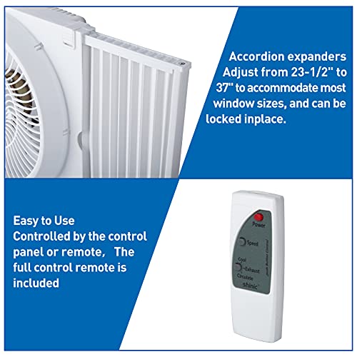 shinic 9" Blades Twin Window Fan with Reversible Airflow, Remote Control, 3 Speeds, 3 Functions, Bathroom Kitchen Exhaust Fan, Width Adjustable (From 23.5" to 37") ETL Certified Small Window Fan