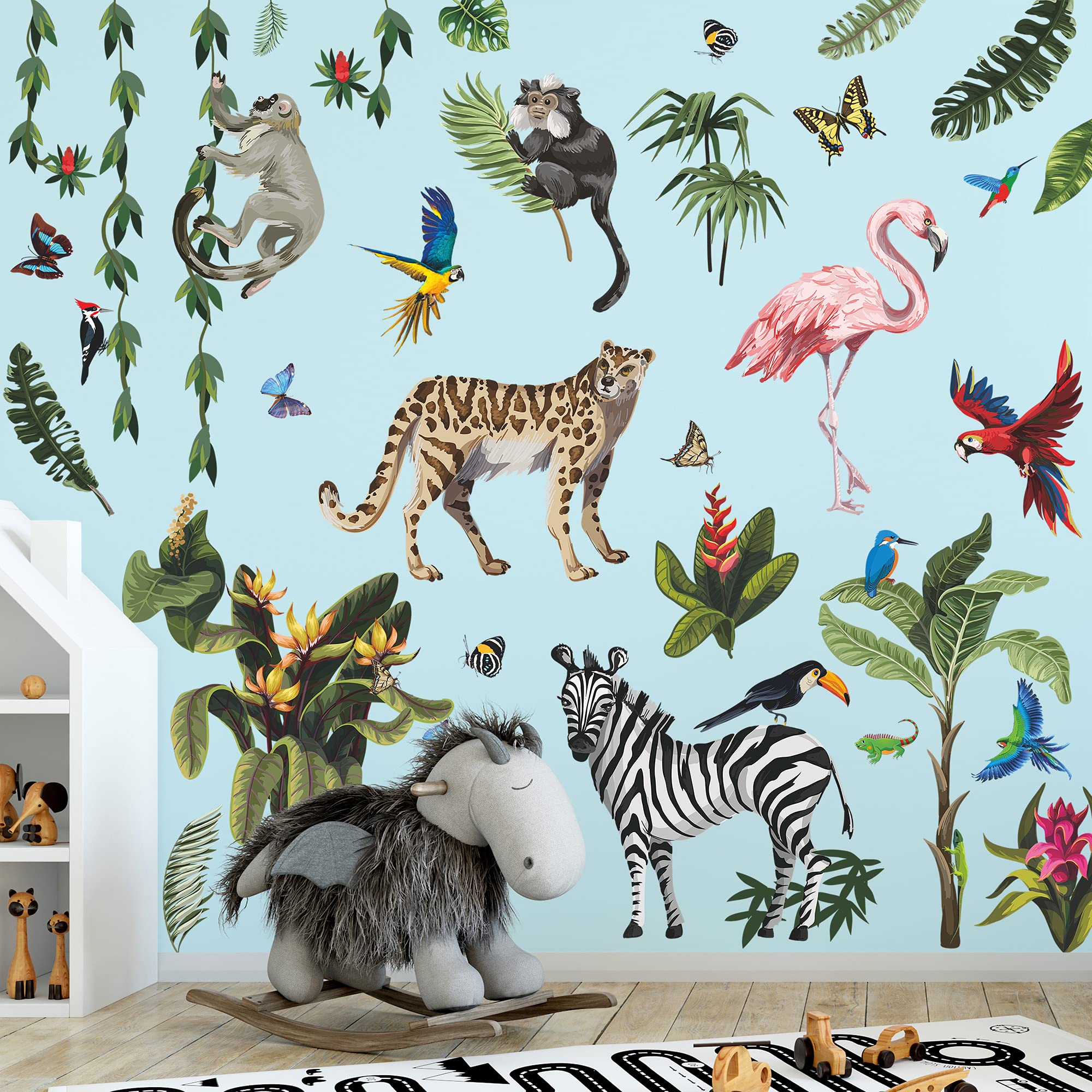 RW-4963 Creative Jungle Animals Wall Decals Wild Safari Animals Wall Stickers DIY Removable Green Tree Monkey Leopard Zebra Birds Butterfly Animals Plants Decor for Kids Bedroom Living Room Nursery