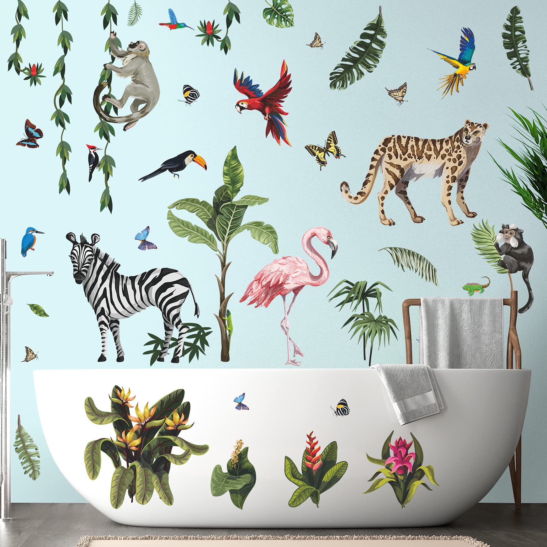 RW-4963 Creative Jungle Animals Wall Decals Wild Safari Animals Wall Stickers DIY Removable Green Tree Monkey Leopard Zebra Birds Butterfly Animals Plants Decor for Kids Bedroom Living Room Nursery