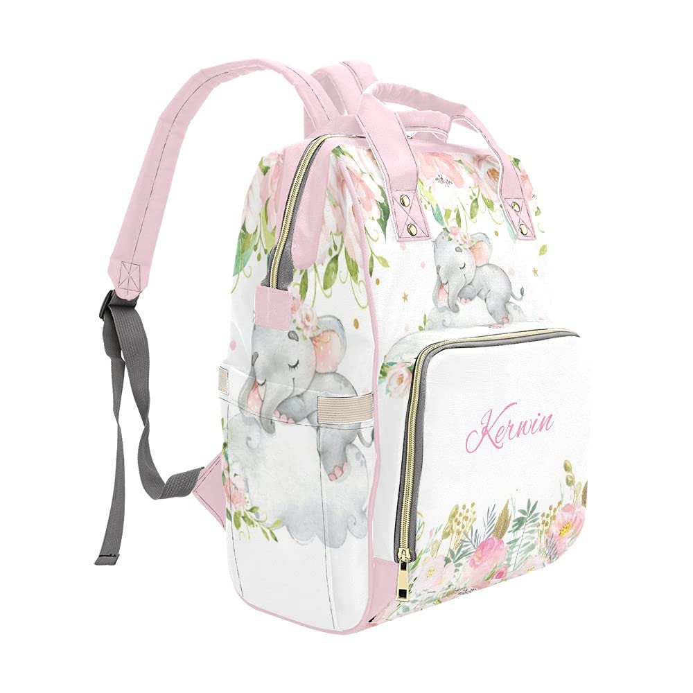 SunFancy Personalized Pink Elephant Flower Diaper Backpack with Name Text Large Capacity Custom Multi-Function Bag Unisex Travel for Mom Dad Boy Girl, 10.83 inch L * 6.69 inch W * 15 inch H