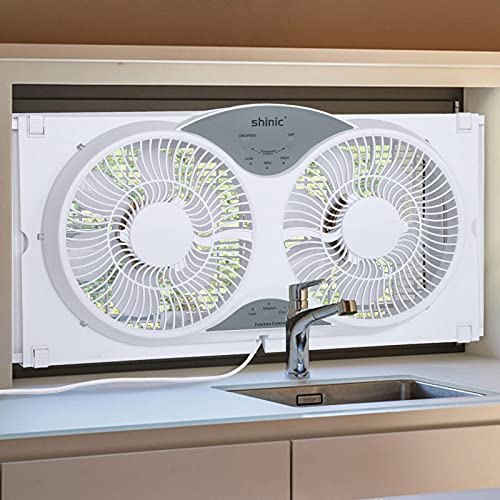 shinic 9" Blades Twin Window Fan with Reversible Airflow, Remote Control, 3 Speeds, 3 Functions, Bathroom Kitchen Exhaust Fan, Width Adjustable (From 23.5" to 37") ETL Certified Small Window Fan