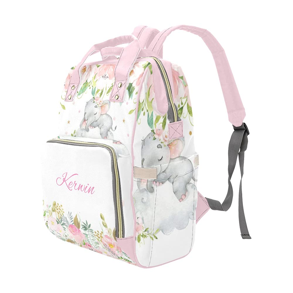 SunFancy Personalized Pink Elephant Flower Diaper Backpack with Name Text Large Capacity Custom Multi-Function Bag Unisex Travel for Mom Dad Boy Girl, 10.83 inch L * 6.69 inch W * 15 inch H
