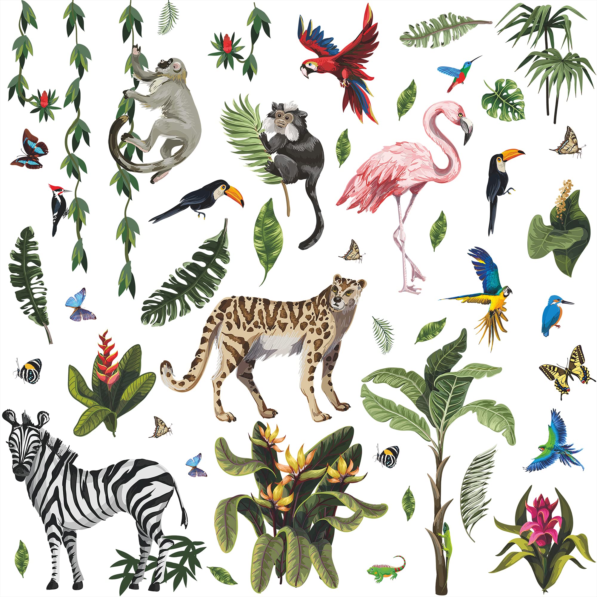 RW-4963 Creative Jungle Animals Wall Decals Wild Safari Animals Wall Stickers DIY Removable Green Tree Monkey Leopard Zebra Birds Butterfly Animals Plants Decor for Kids Bedroom Living Room Nursery