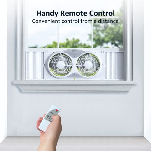 shinic 9" Blades Twin Window Fan with Reversible Airflow, Remote Control, 3 Speeds, 3 Functions, Bathroom Kitchen Exhaust Fan, Width Adjustable (From 23.5" to 37") ETL Certified Small Window Fan