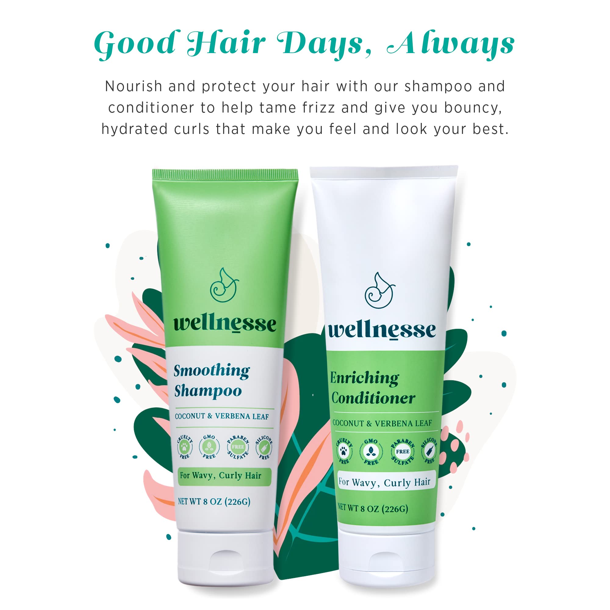 Wellnesse Smoothing Shampoo and Conditioner - For Wavy & Curly Hair - - 8 oz - Coconut & Verbena Leaf - Vitamin Based Formula, Protects and Moisturizes - Hair Products and Beauty Products