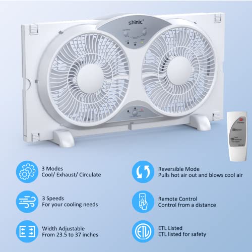 shinic 9" Blades Twin Window Fan with Reversible Airflow, Remote Control, 3 Speeds, 3 Functions, Bathroom Kitchen Exhaust Fan, Width Adjustable (From 23.5" to 37") ETL Certified Small Window Fan