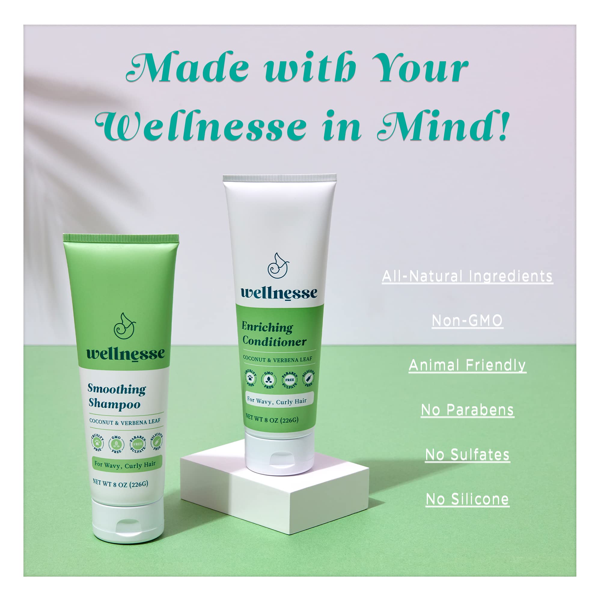 Wellnesse Smoothing Shampoo and Conditioner - For Wavy & Curly Hair - - 8 oz - Coconut & Verbena Leaf - Vitamin Based Formula, Protects and Moisturizes - Hair Products and Beauty Products
