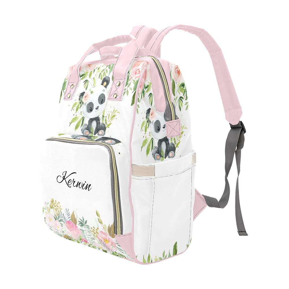 SunFancy Personalized Pink Flower Panda Bamboo Diaper Backpack with Name Text Large Capacity Custom Multi-Function Bag Unisex Travel Backpack for Mom Dad Boy Girl