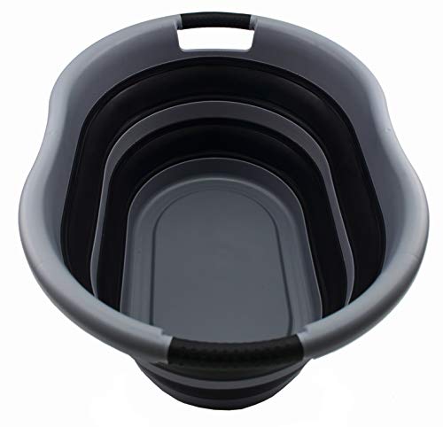 SAMMART 36L (9.5 gallon) Collapsible Plastic Laundry Basket - Oval Tub/Basket - Foldable Storage Container/Organizer - Portable Washing Tub - Space Saving Laundry Hamper, Water Capacity: 28L (7.4 gallon) (1, Grey/Black)
