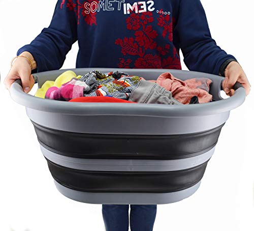 SAMMART 36L (9.5 gallon) Collapsible Plastic Laundry Basket - Oval Tub/Basket - Foldable Storage Container/Organizer - Portable Washing Tub - Space Saving Laundry Hamper, Water Capacity: 28L (7.4 gallon) (1, Grey/Black)