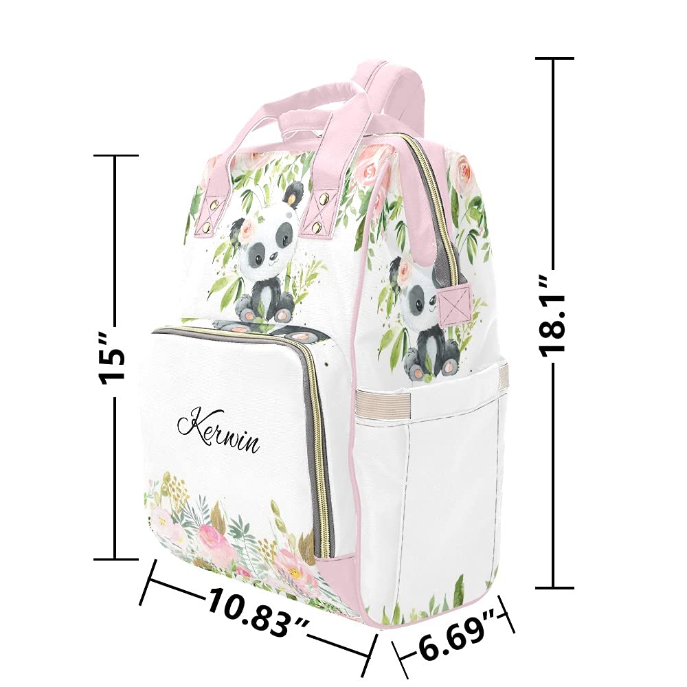 SunFancy Personalized Pink Flower Panda Bamboo Diaper Backpack with Name Text Large Capacity Custom Multi-Function Bag Unisex Travel Backpack for Mom Dad Boy Girl