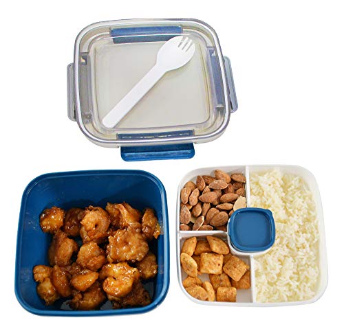 Home-X Section Lunch Box, Lunch Containers for Kids and Adults, Multi-Compartment Food Box, Salad Dressing Container, Spork, 6 ¾" L x 6 ¾" W x 4 ¾" H, Blue