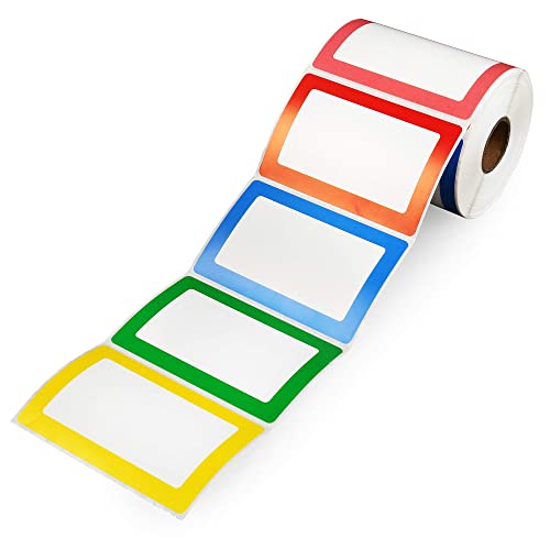 LotFancy Name Tag Stickers, 500pc Plain Labels , 1 Roll, 5 Colors, 3.5" x 2.25" , Adhesive Tags with Perforated Line for School Office Home