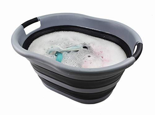 SAMMART 36L (9.5 gallon) Collapsible Plastic Laundry Basket - Oval Tub/Basket - Foldable Storage Container/Organizer - Portable Washing Tub - Space Saving Laundry Hamper, Water Capacity: 28L (7.4 gallon) (1, Grey/Black)