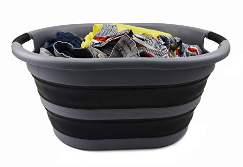 SAMMART 36L (9.5 gallon) Collapsible Plastic Laundry Basket - Oval Tub/Basket - Foldable Storage Container/Organizer - Portable Washing Tub - Space Saving Laundry Hamper, Water Capacity: 28L (7.4 gallon) (1, Grey/Black)