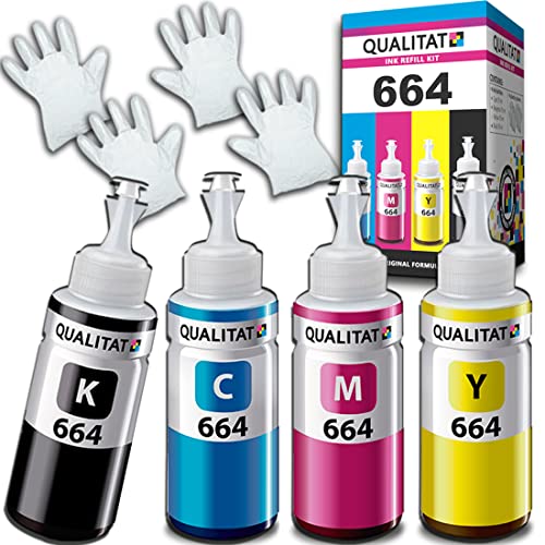 QUALITAT Epson 664 Ink Refill Bottles | All 4 Colors + 4 Gloves + Ink Storage Box | Epson 664 for L365 Ink, ET-2550, ET-2650, ET-2600, ET-2500 (Black, Cyan, Magenta, Yellow) | Tinta 664