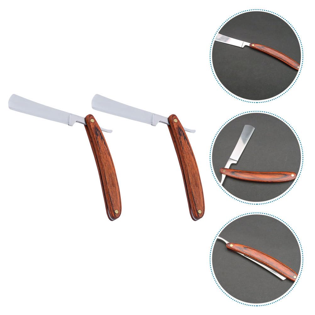 HEALLILY 2Pcs Straight Razor Vintage Folding Shaving Razor Manual Shaver Old Fashion Beard Shaver with Wood Handle Barber Shaver Tool
