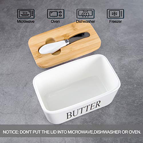 Hasense Porcelain Butter Dish with Bamboo Lid - Covered Butter Dish with Butter Knife for Countertop, Airtight Butter Container with Cover Perfect for East West Coast Butter, White