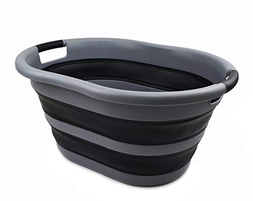 SAMMART 36L (9.5 gallon) Collapsible Plastic Laundry Basket - Oval Tub/Basket - Foldable Storage Container/Organizer - Portable Washing Tub - Space Saving Laundry Hamper, Water Capacity: 28L (7.4 gallon) (1, Grey/Black)