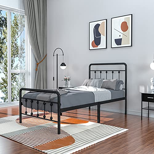 Noillats Metal Bed Frame Twin Size with Vintage Headboard and Footboard, Solid Sturdy Steel Slat Support Mattress Foundation, No Box Spring Needed, Steel Grey