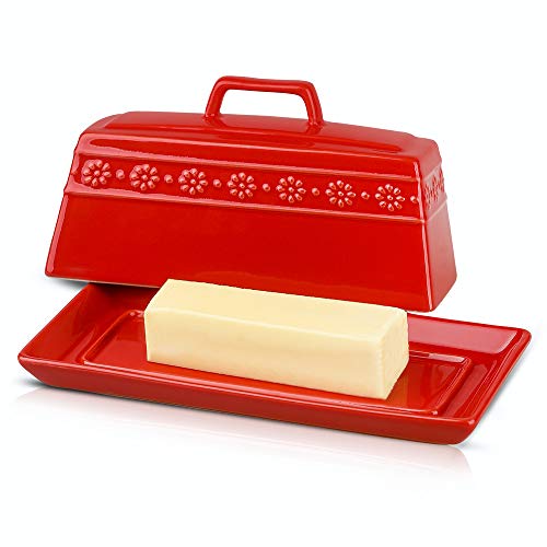 KOOV Porcelain Butter Dish with Lid for Countertop, Butter Dishes with Cover, Large Capacity, Perfect for East/West Butter (Red)