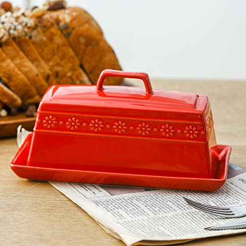 KOOV Porcelain Butter Dish with Lid for Countertop, Butter Dishes with Cover, Large Capacity, Perfect for East/West Butter (Red)