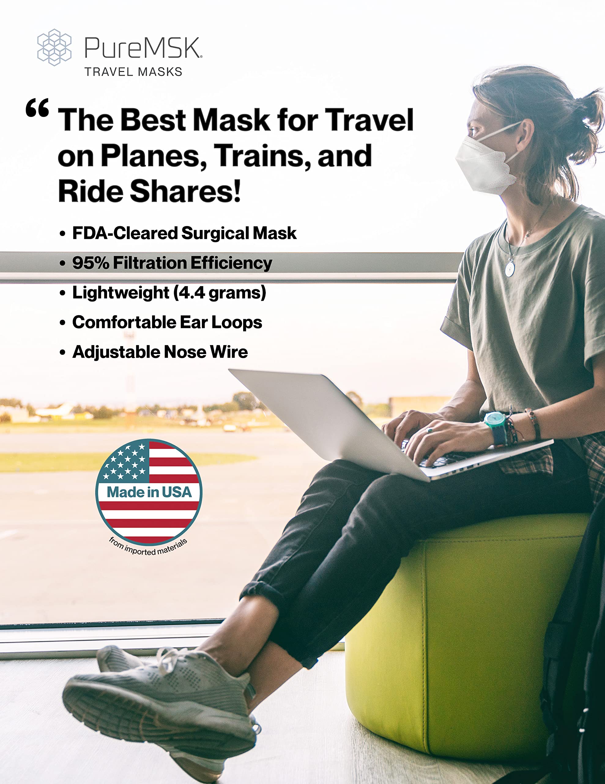 PureMSK Breathable Face Mask for Travel. Proprietary Filter Technology - Made in USA.