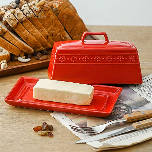 KOOV Porcelain Butter Dish with Lid for Countertop, Butter Dishes with Cover, Large Capacity, Perfect for East/West Butter (Red)