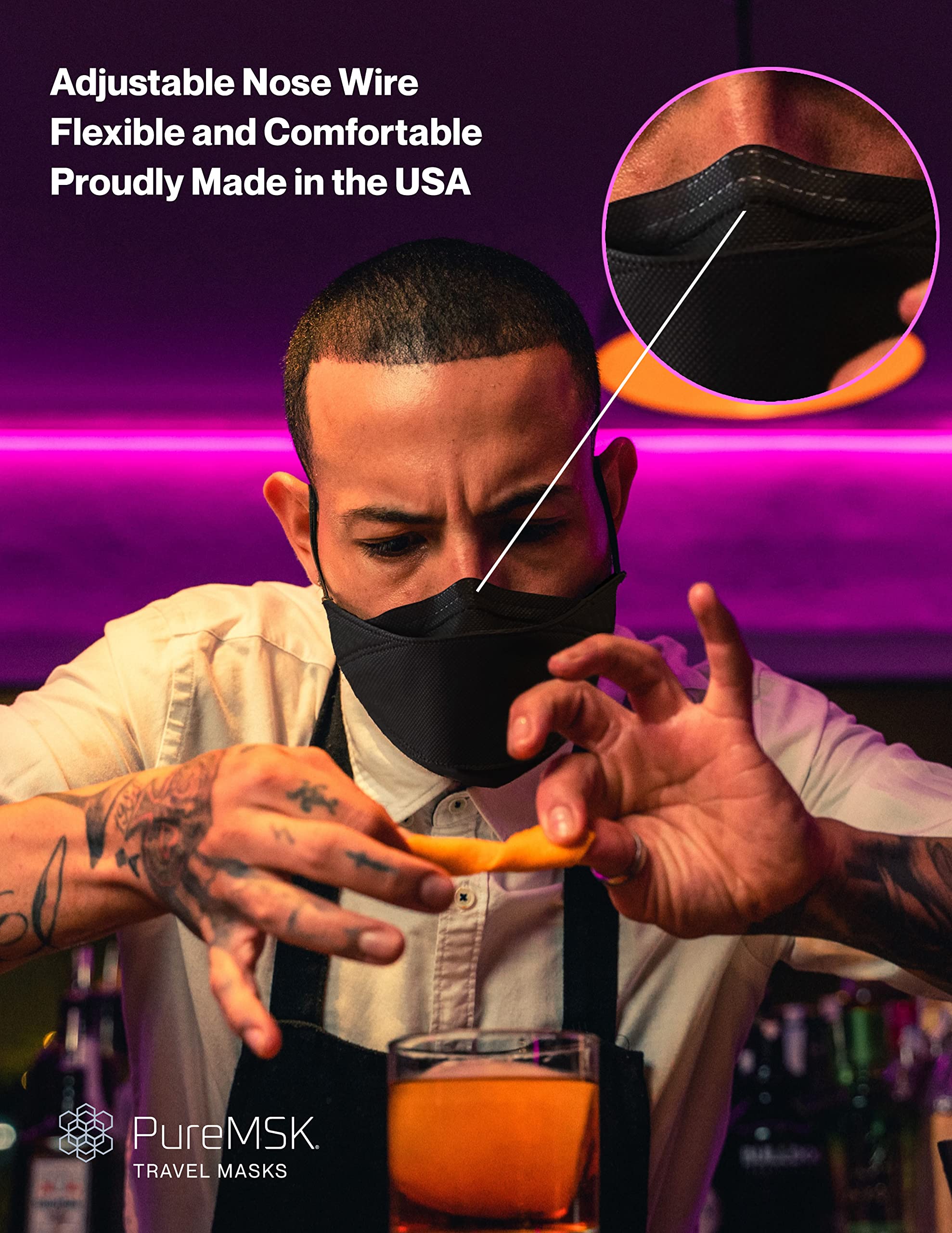 PureMSK Breathable Face Mask for Travel. Proprietary Filter Technology - Made in USA.