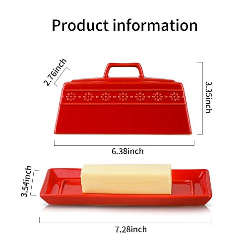 KOOV Porcelain Butter Dish with Lid for Countertop, Butter Dishes with Cover, Large Capacity, Perfect for East/West Butter (Red)