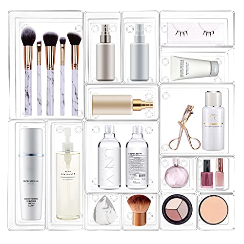 16 Desk Drawer Organizer Set Clear, Makeup Drawer Organizer and Storage with 5 Sizes Bathroom Organizer Drawer, Drawer Organizer Bins Clear Plastic Storage Bins for Drawers Dresser Makeup Kitchen