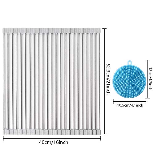 Large 21" x 16" Multipurpose Foldable Stainless Steel Roll Up Dish Drying Rack Over The Sink Kitchen Dish Drainer Rack and 2pcs Silicone Dish Brush (Gray)