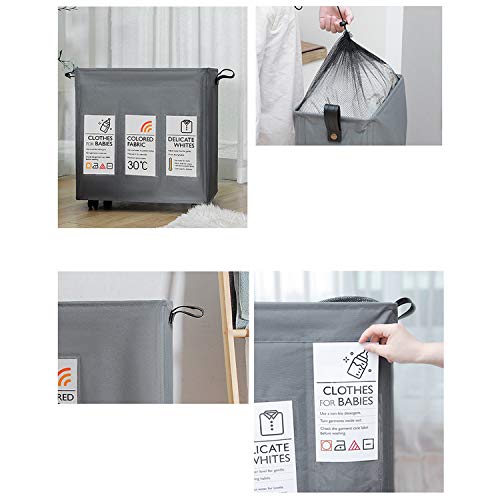 Houseware 3 Bags Laundry Hamper with Wheels Removable Laundry Bags Foldable Corner Storage Bins Collapsible Rolling Laundry Basket (Grey)