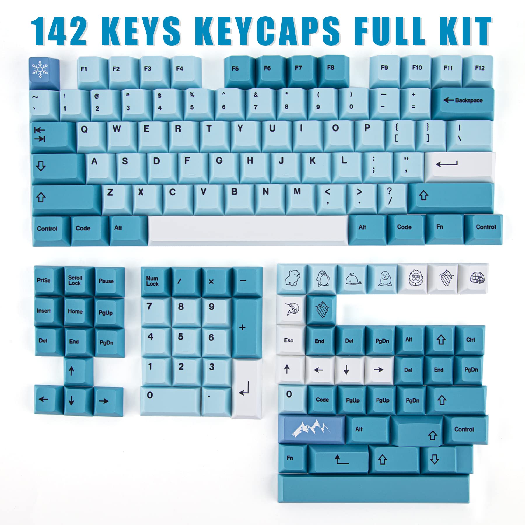 TOKEY PBT keycap Cherry Profile 142 Key Dye Sublimation ANSI Layout Keycap for Mechanical Gaming Keyboard Gateron Kailh Cherry MX Switches (Iceberg English)