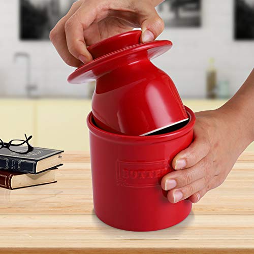 AVLA 2 Pack Ceramic Butter Crock, French Butter Dish with Water Line, Butter Keeper Butter Container for Countertop, Big Capacity, Red