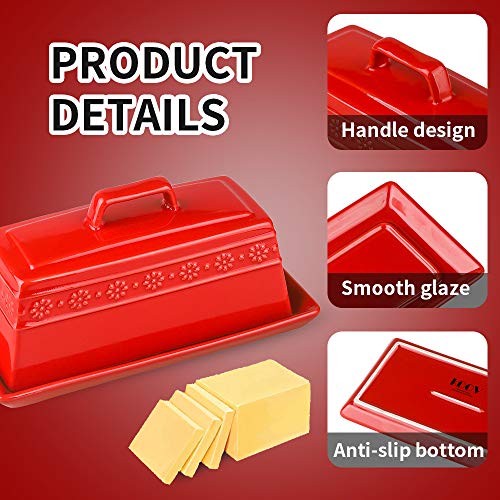 KOOV Porcelain Butter Dish with Lid for Countertop, Butter Dishes with Cover, Large Capacity, Perfect for East/West Butter (Red)