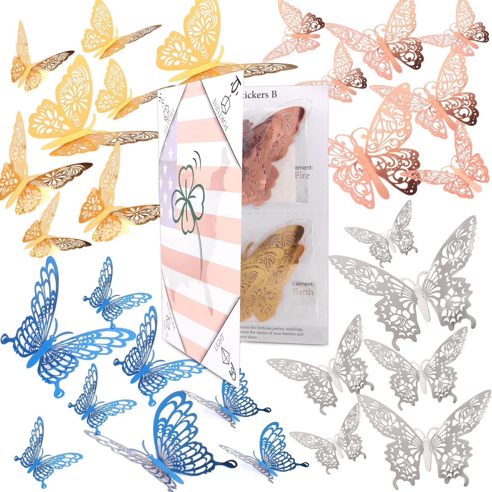 Butterfly Wall Decor 48pcs 3D Stickers Decoration, for Kids Baby Bedroom Paper Butterflies Gold Friendship Stickers Decor Teachers Office Classroom Party for Christmas Gifts Friends Stickers Set.
