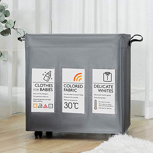 Houseware 3 Bags Laundry Hamper with Wheels Removable Laundry Bags Foldable Corner Storage Bins Collapsible Rolling Laundry Basket (Grey)