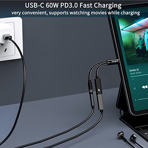 Jasput USB Type C to 3.5mm Headphone and Charger Adapter, 2-in-1 USB C to Aux Audio Jack Hi-Res DAC and Fast Charging Dongle Cable Compatible with Pixel 4 3 XL,Galaxy S22 S21 S20 S20+ Note 20