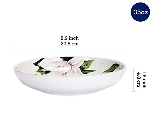Bico Magnolia Floral Ceramic 35oz Dinner Bowls, Set of 4, for Pasta, Salad, Cereal, Soup & Microwave & Dishwasher Safe