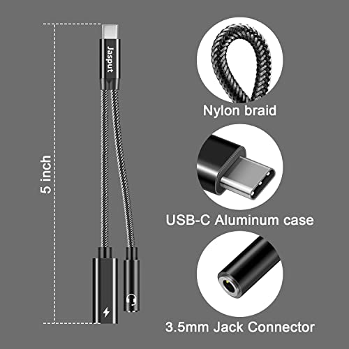 Jasput USB Type C to 3.5mm Headphone and Charger Adapter, 2-in-1 USB C to Aux Audio Jack Hi-Res DAC and Fast Charging Dongle Cable Compatible with Pixel 4 3 XL,Galaxy S22 S21 S20 S20+ Note 20